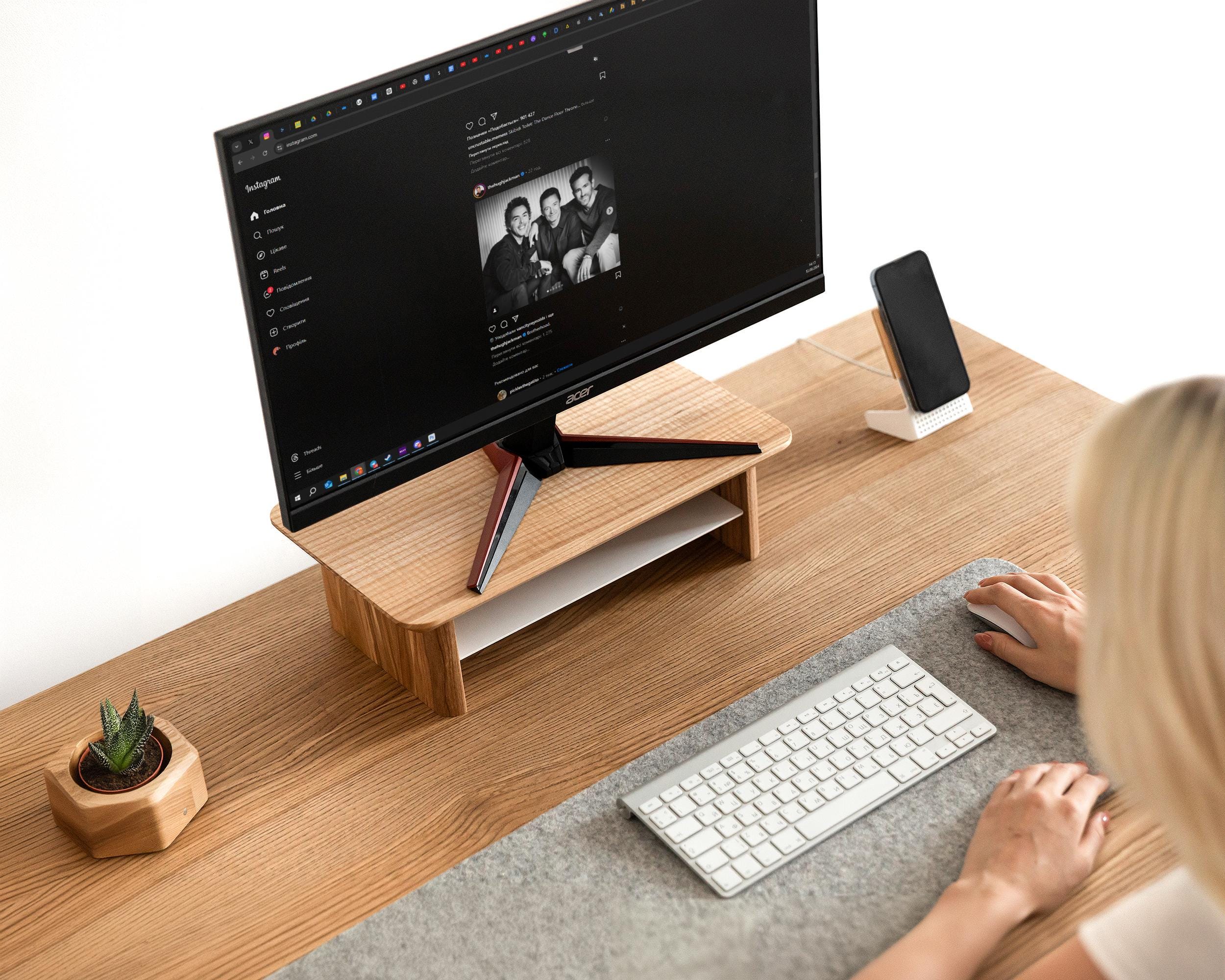 Wooden Desk Shelf Monitor Stand With Storage - Ergonomic and Stylish ...