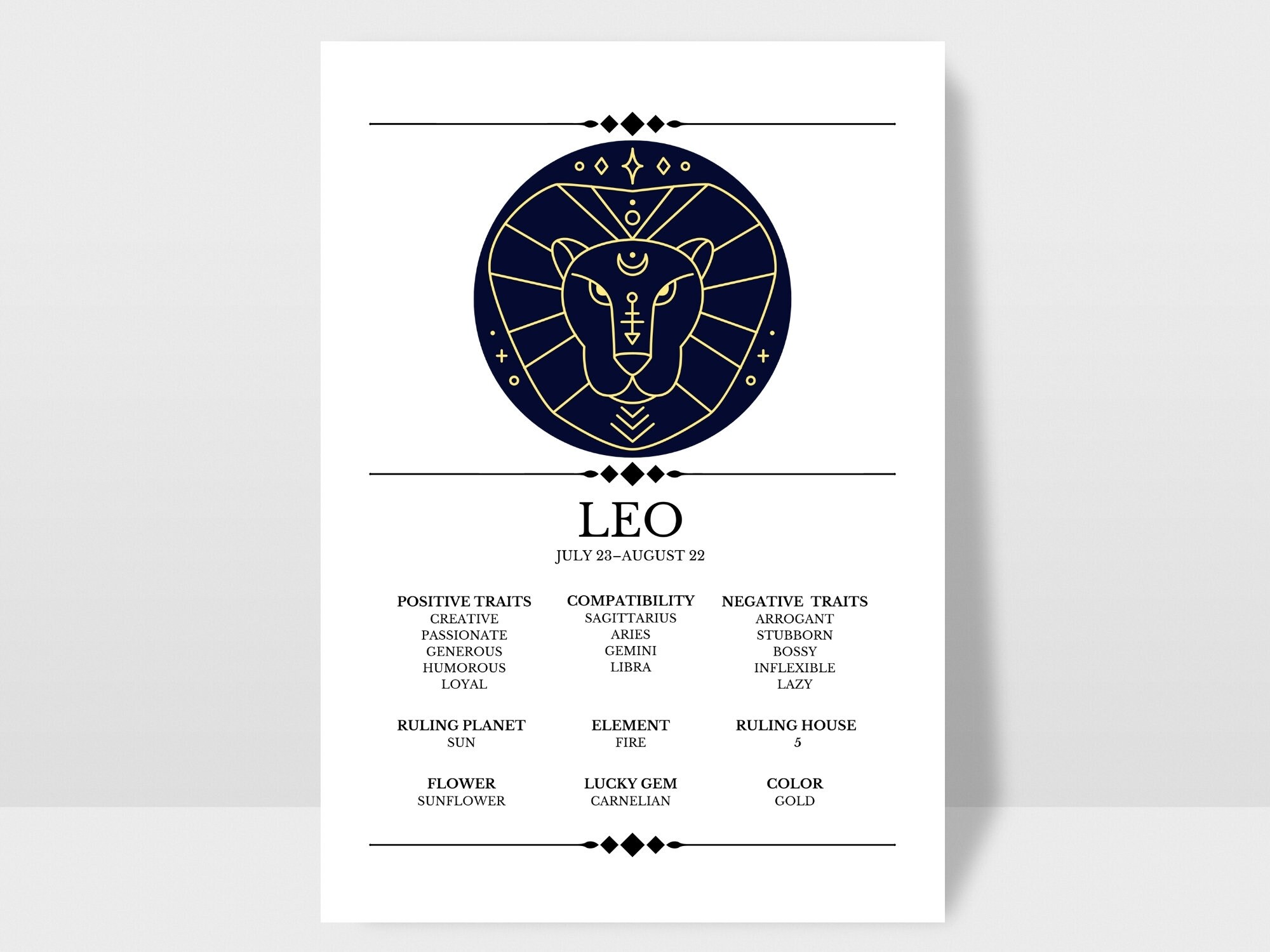 Leo Zodiac Print, Zodiac Gift, Leo Printable, Zodiac Art Print, Zodiac ...