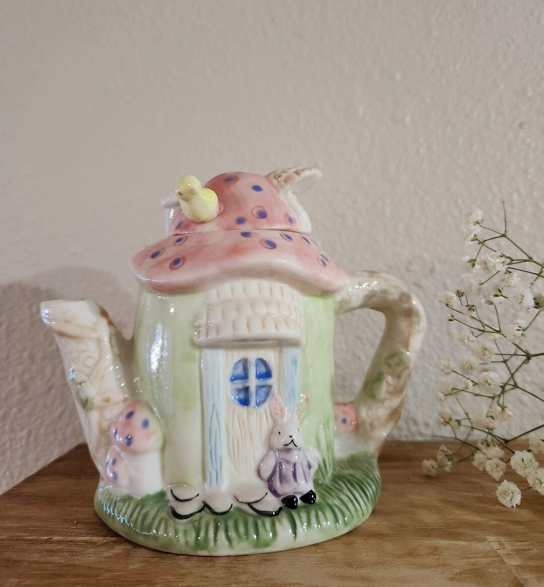 Collectors Hand Painted Ceramic Tea Pot Cottage Style Rabbits Birds ...