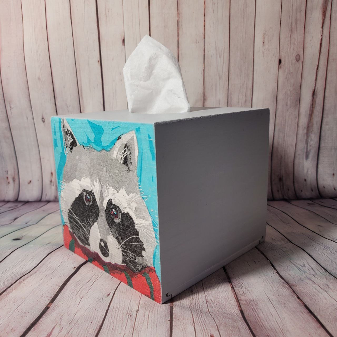 Square Raccoon Tissue Box Cover Wooden Napkin Holder Decorative Box for ...