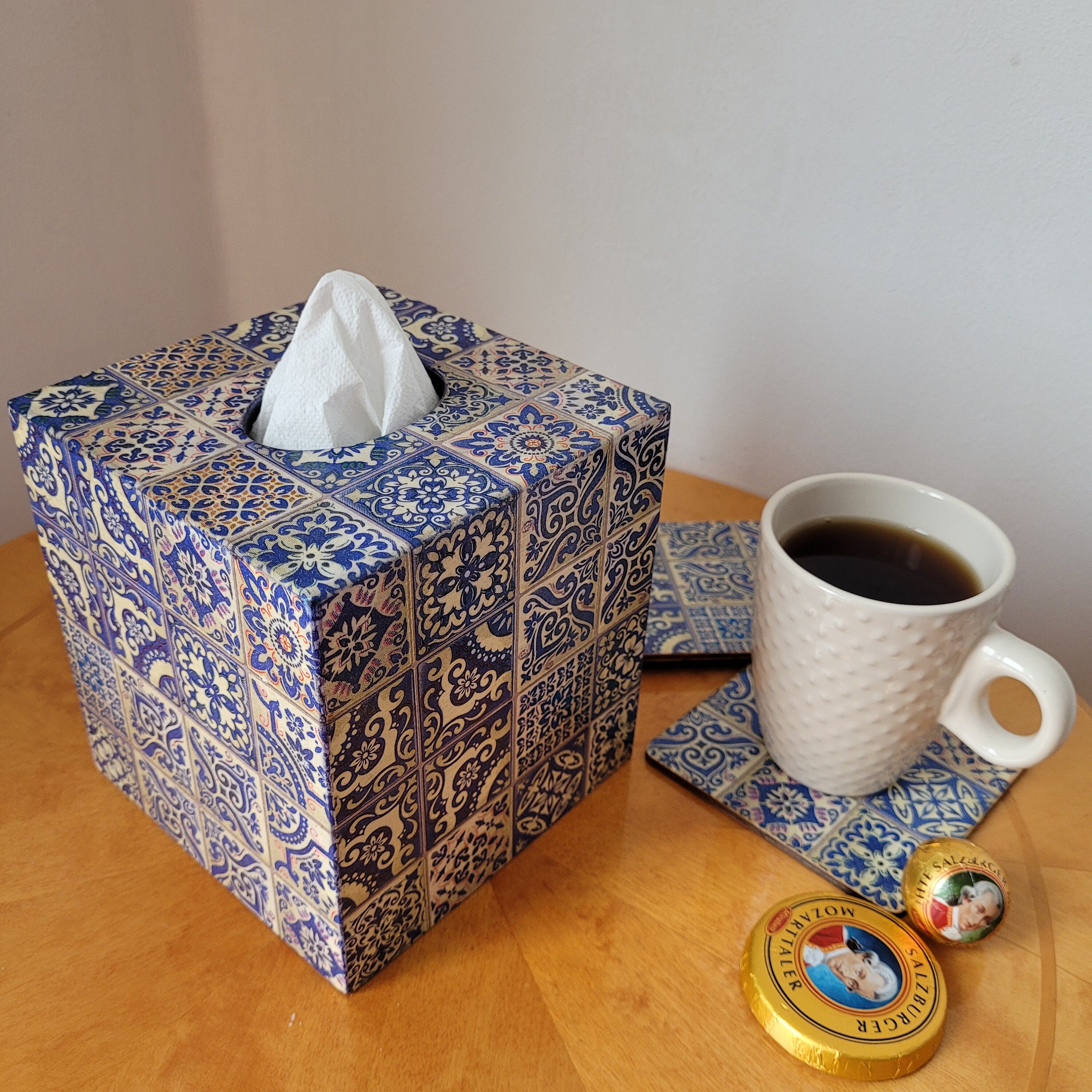 Square Tissue Box Cover Azulejo Wooden Napkin Holder Decorative Box for ...