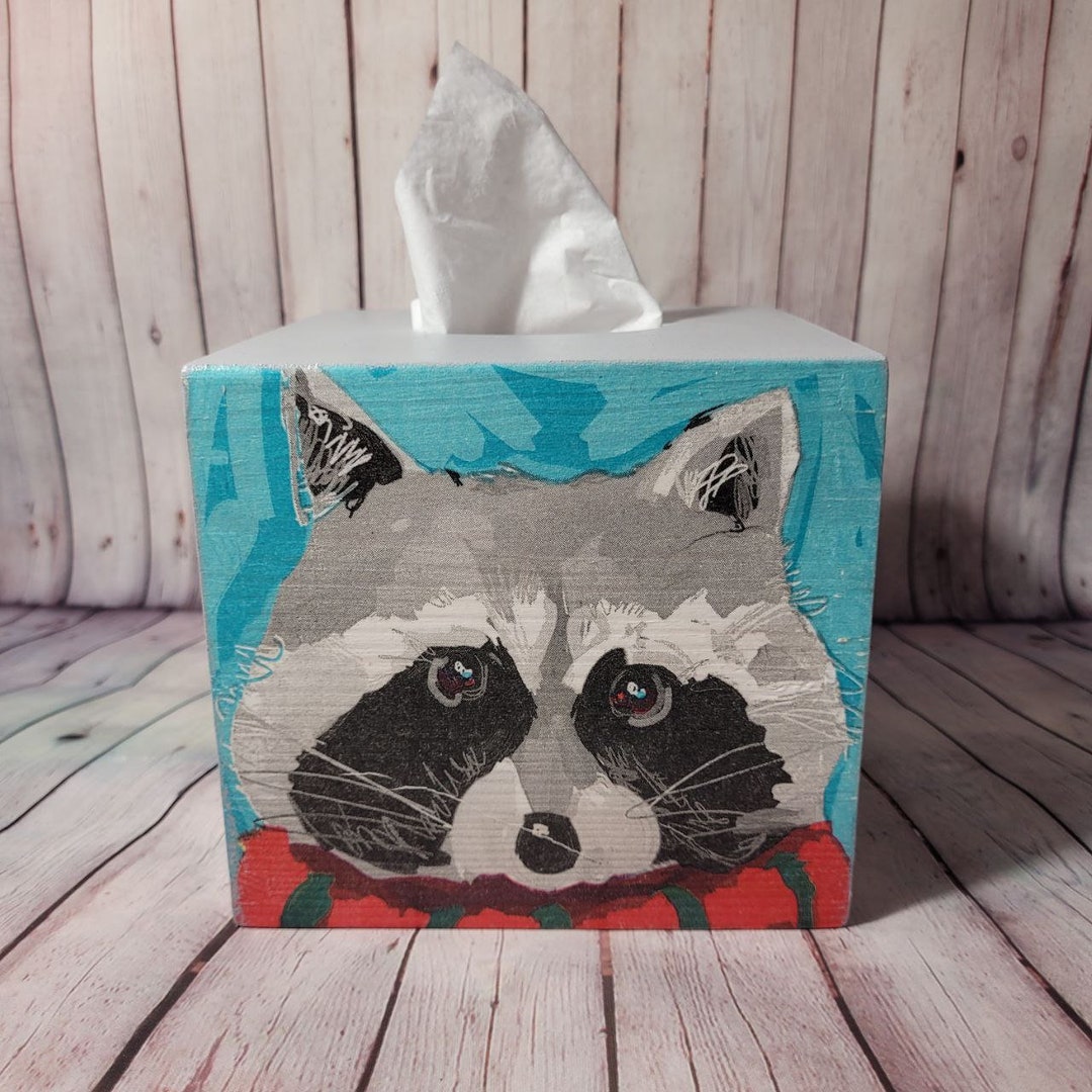 Square Raccoon Tissue Box Cover Wooden Napkin Holder Decorative Box for ...