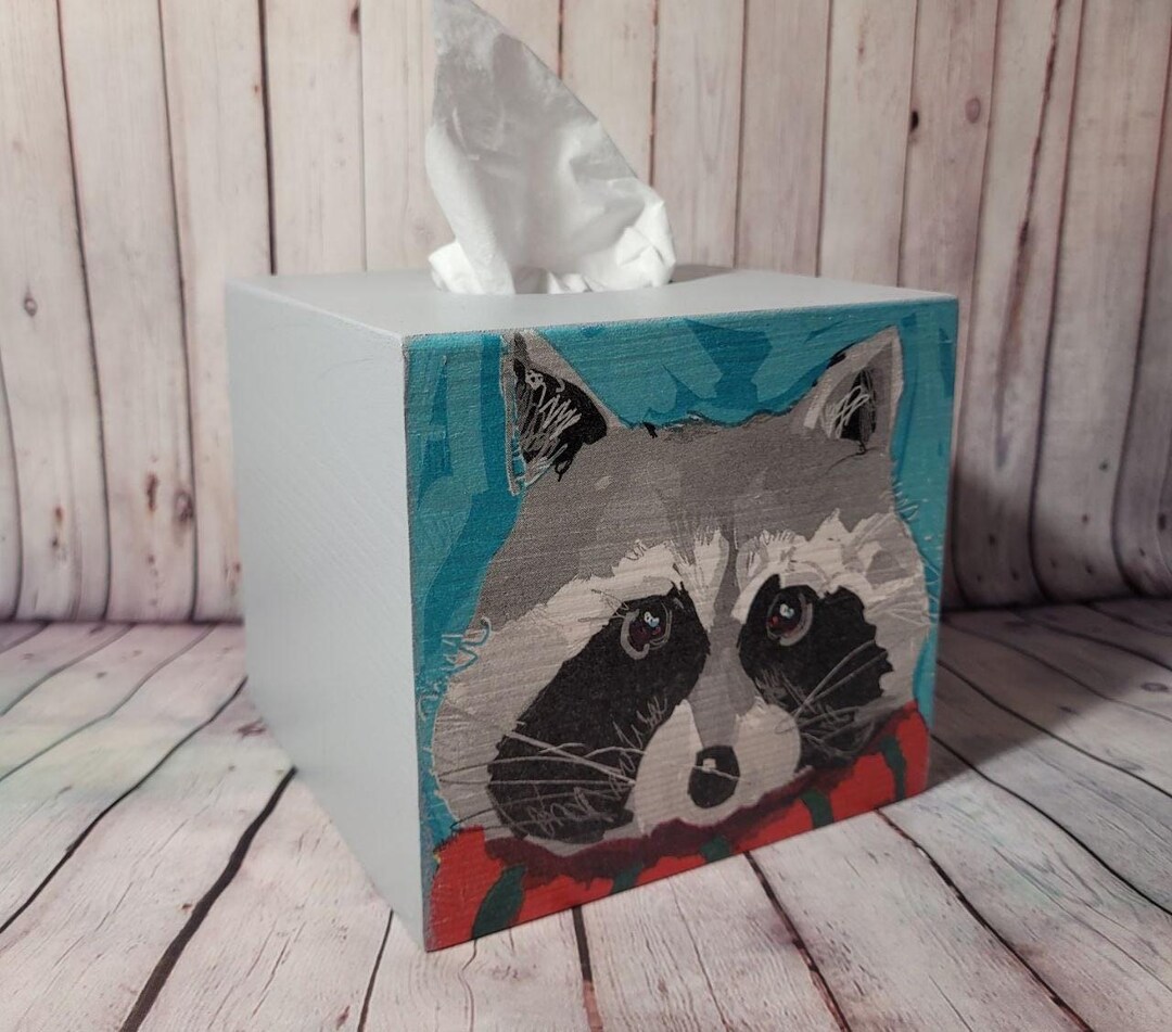 Square Raccoon Tissue Box Cover Wooden Napkin Holder Decorative Box for ...
