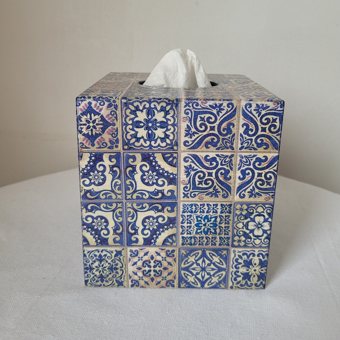 Square Tissue Box Cover Azulejo Wooden Napkin Holder Decorative Box for ...