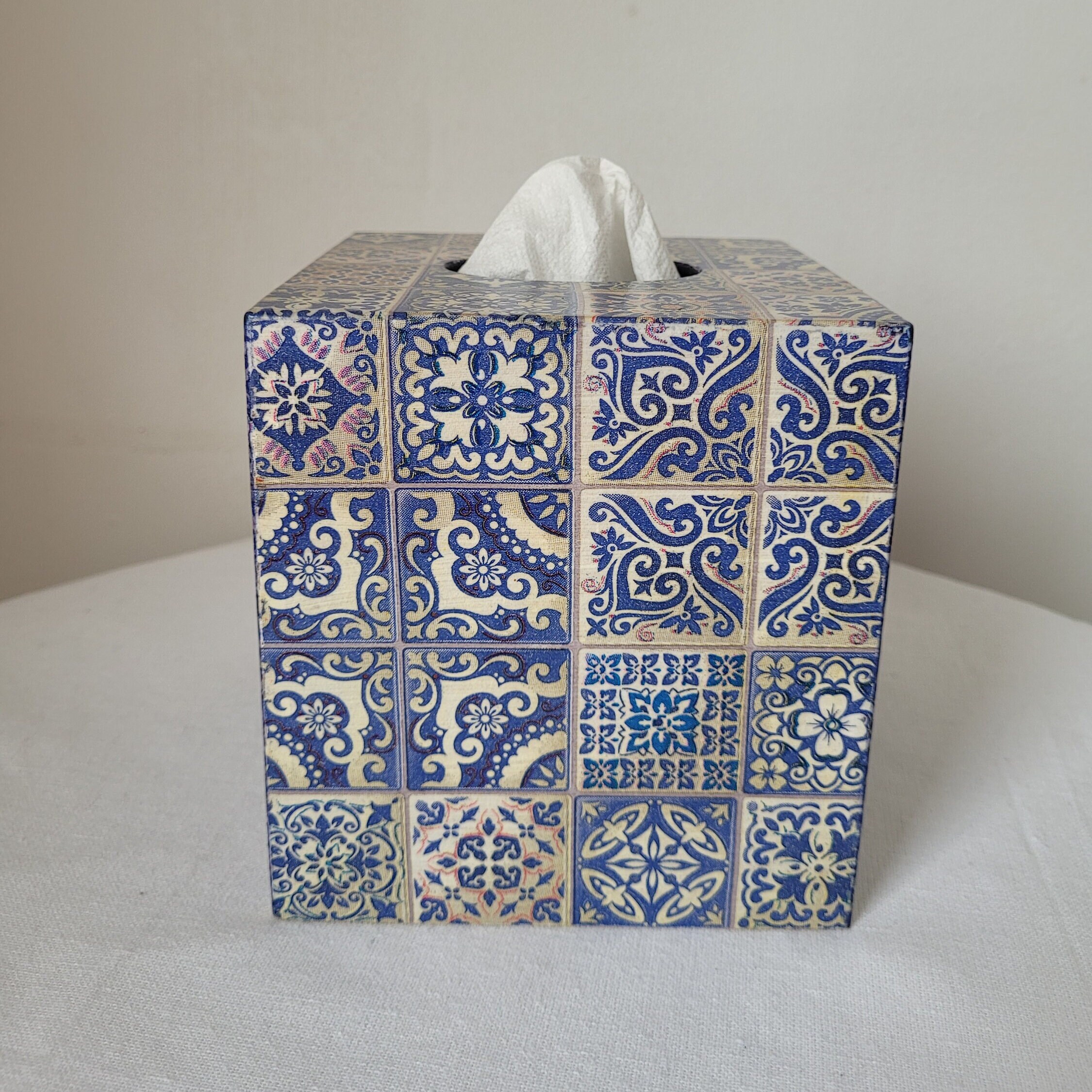 Square Tissue Box Cover Azulejo Wooden Napkin Holder Decorative Box for ...