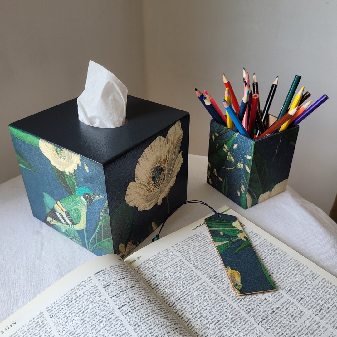 Square Blue Tissue Box Cover Wooden Napkin Holder Decorative Box for ...