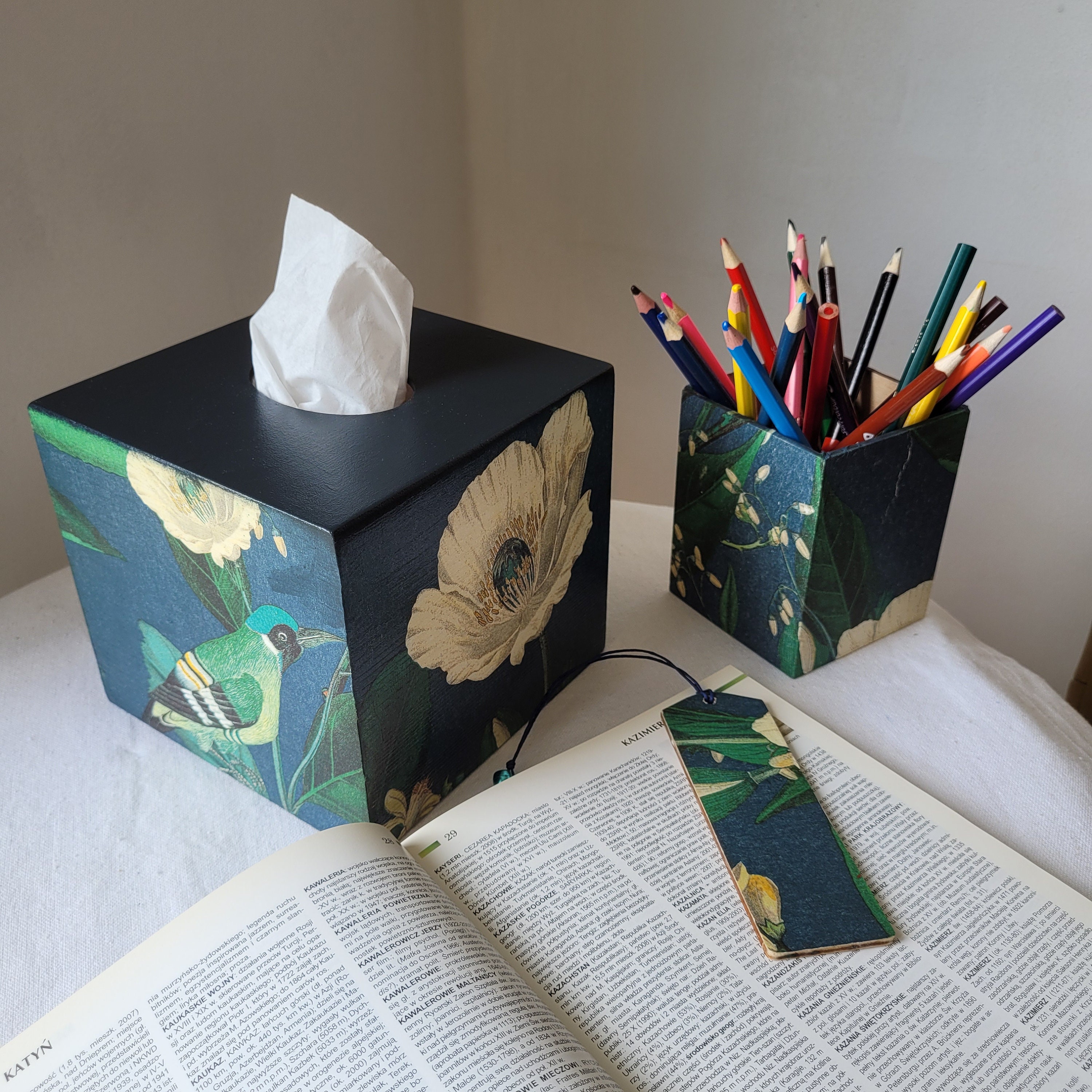 Square Blue Tissue Box Cover Wooden Napkin Holder Decorative Box for ...