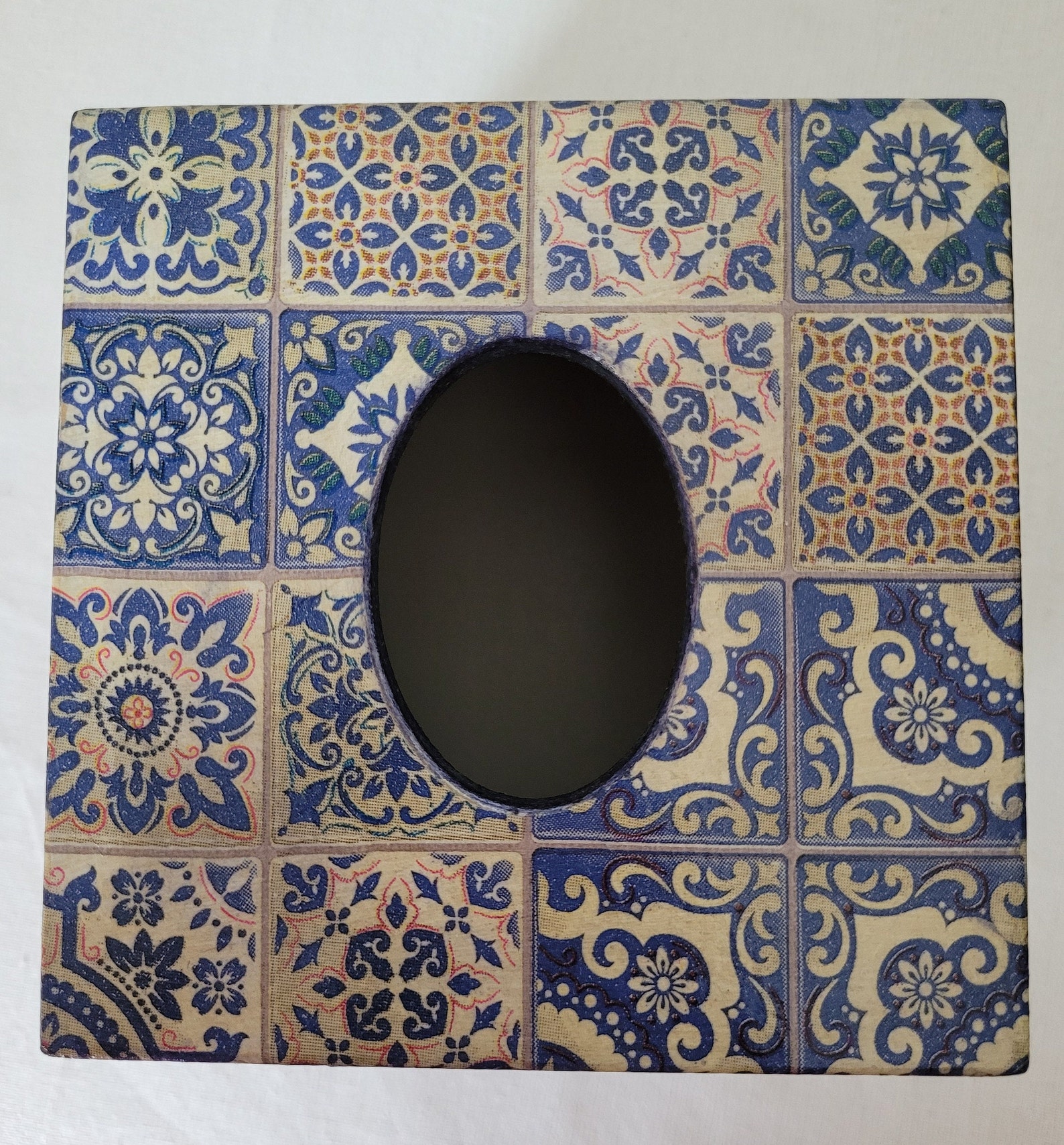 Square Tissue Box Cover Azulejo Wooden Napkin Holder Decorative Box for ...