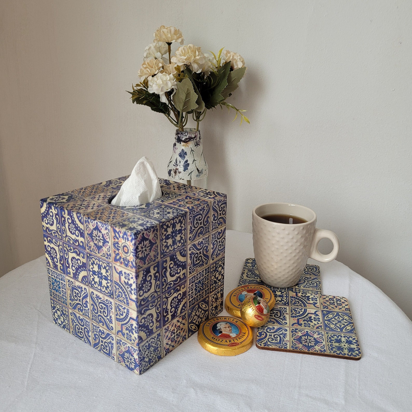 Square Tissue Box Cover Azulejo Wooden Napkin Holder Decorative Box for ...