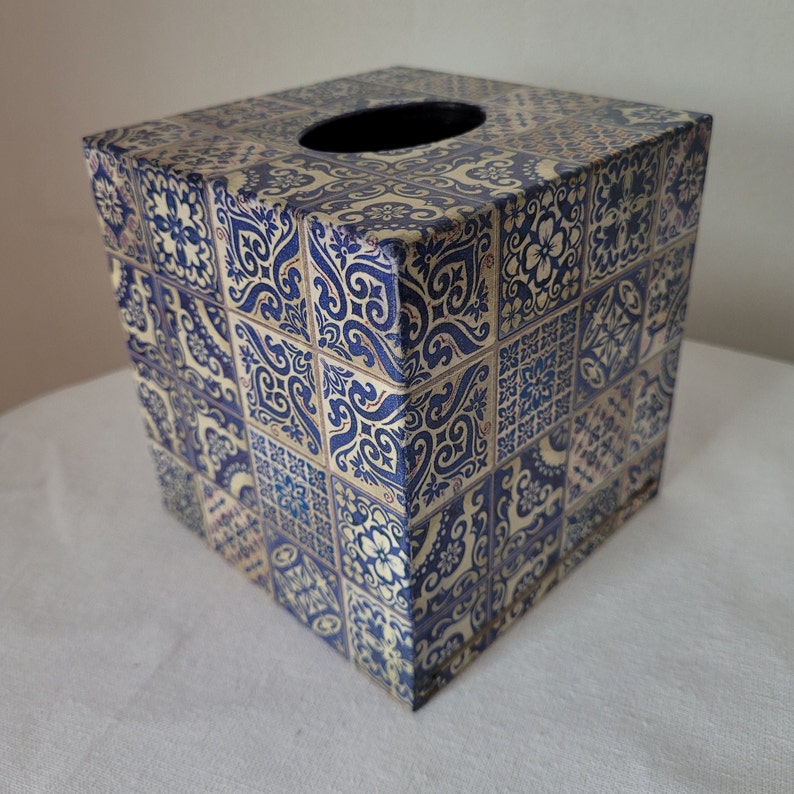Square Tissue Box Cover Azulejo Wooden Napkin Holder Decorative Box for ...
