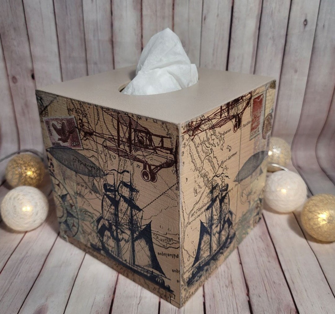 Handmade Square Tissue Box Cover Brown Tissue Box With Map Gift for ...