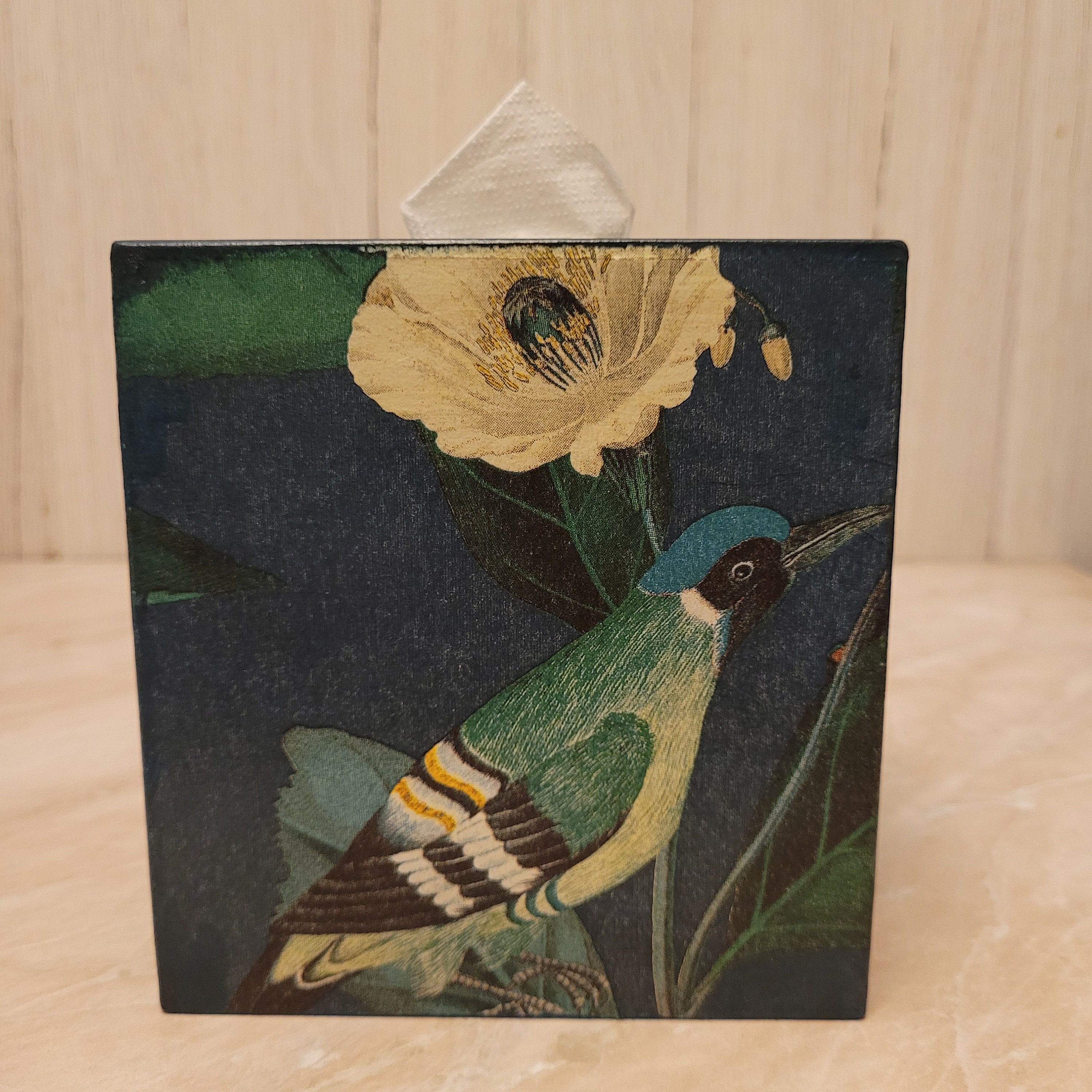 Square Blue Tissue Box Cover Wooden Napkin Holder Decorative Box for ...