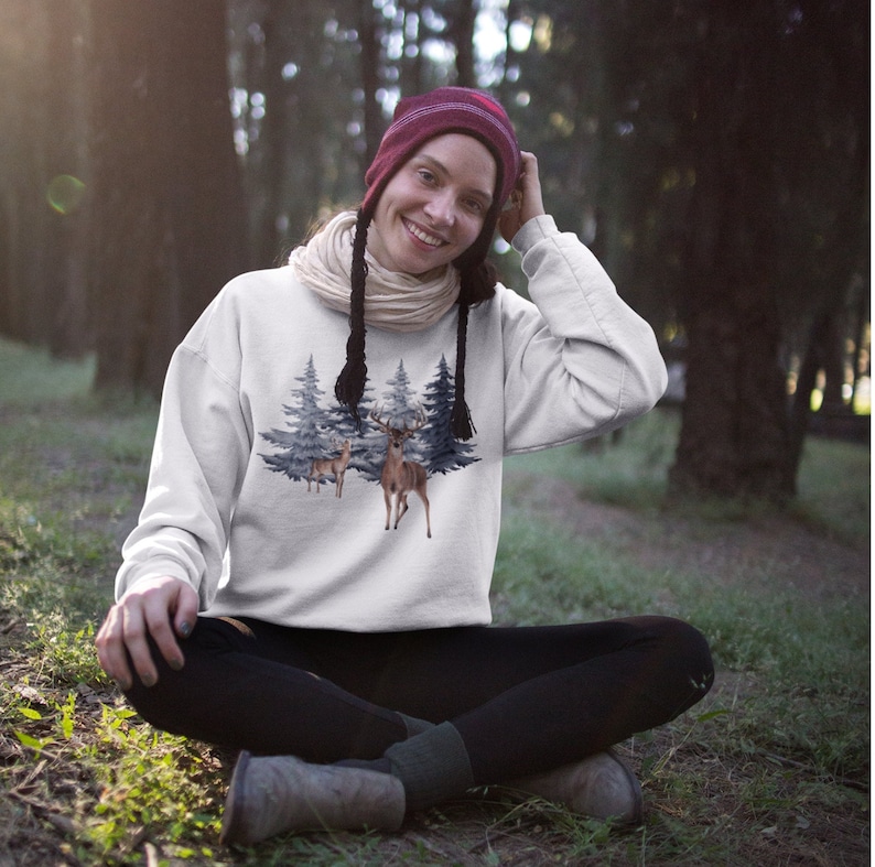 Fall Winter Sweatshirt, Deer in Woods, Pine Trees Crewneck, Hiking ...
