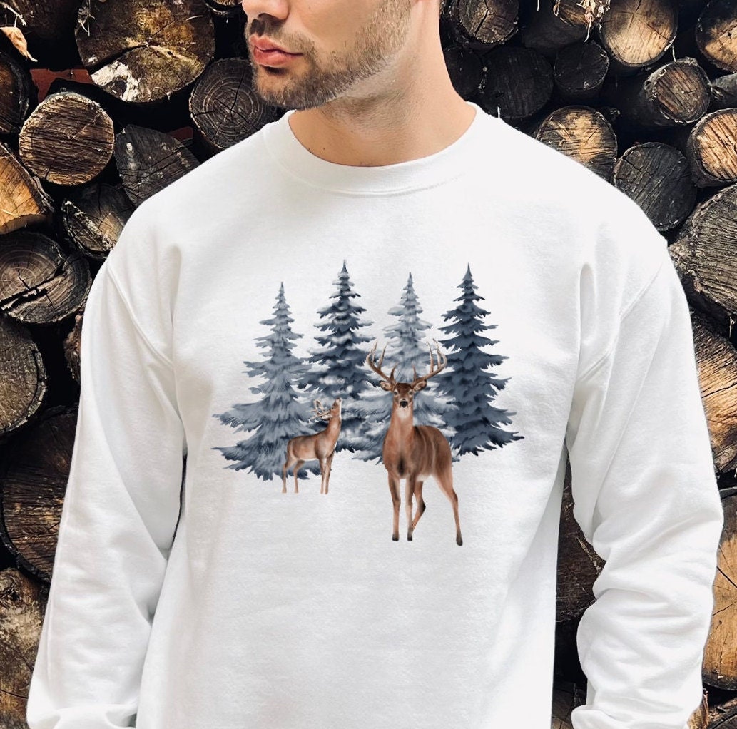 Fall Winter Sweatshirt, Deer in Woods, Pine Trees Crewneck, Hiking ...