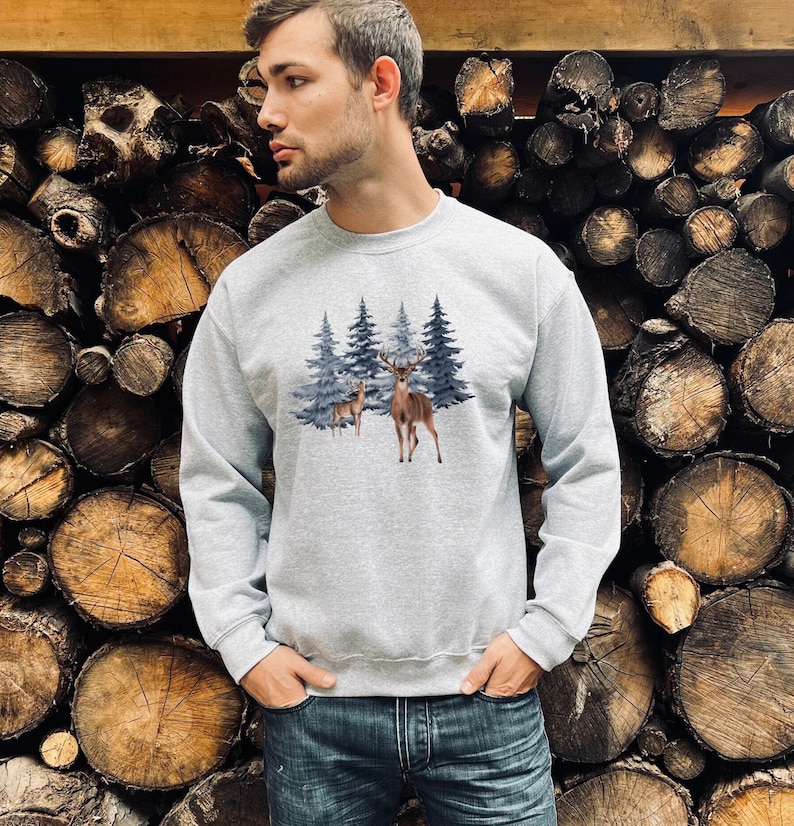Fall Winter Sweatshirt, Deer in Woods, Pine Trees Crewneck, Hiking ...