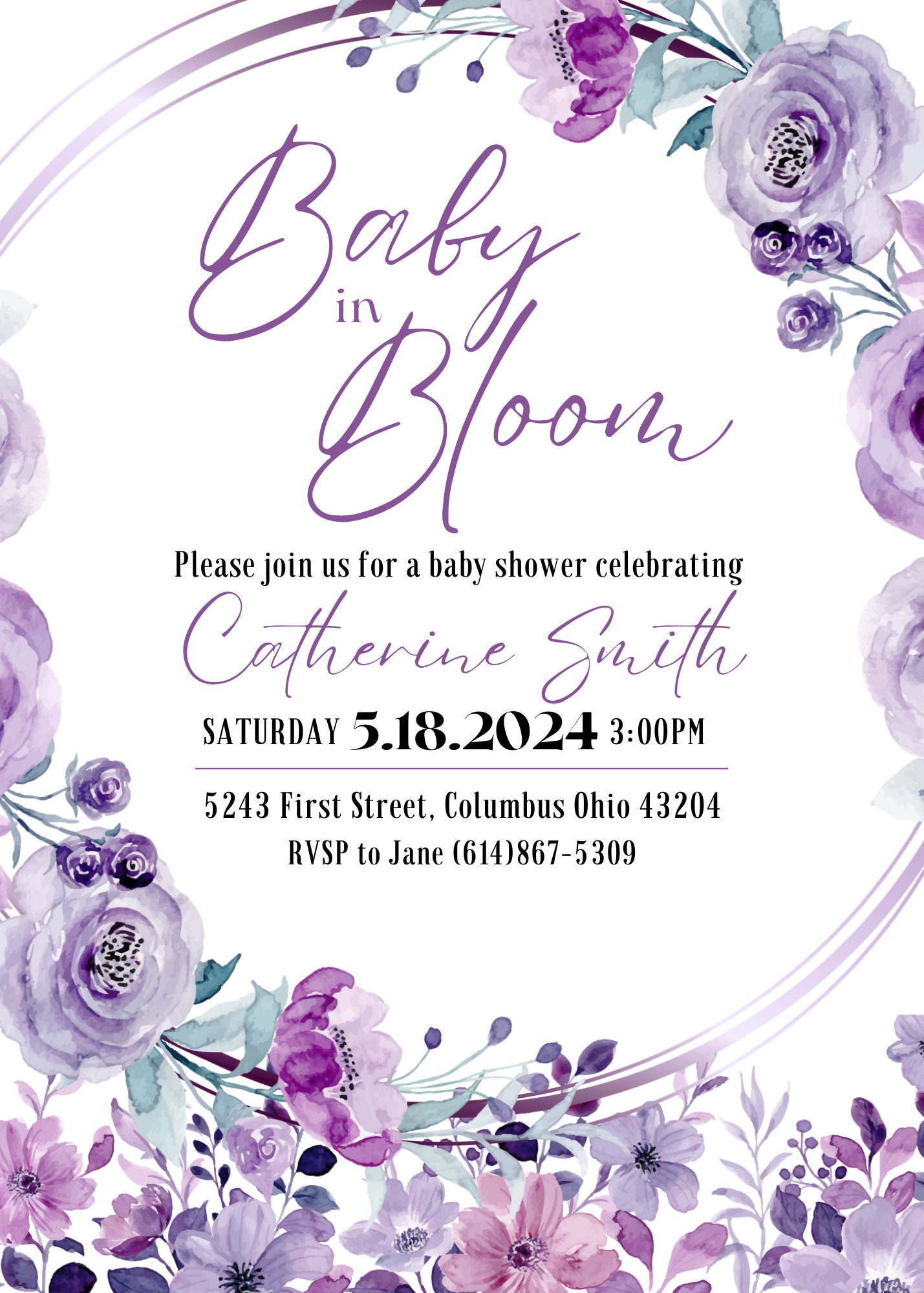 Purple Wildflower Baby Shower Invitation Template Watercolor Wildflower Purple Baby Shower ...