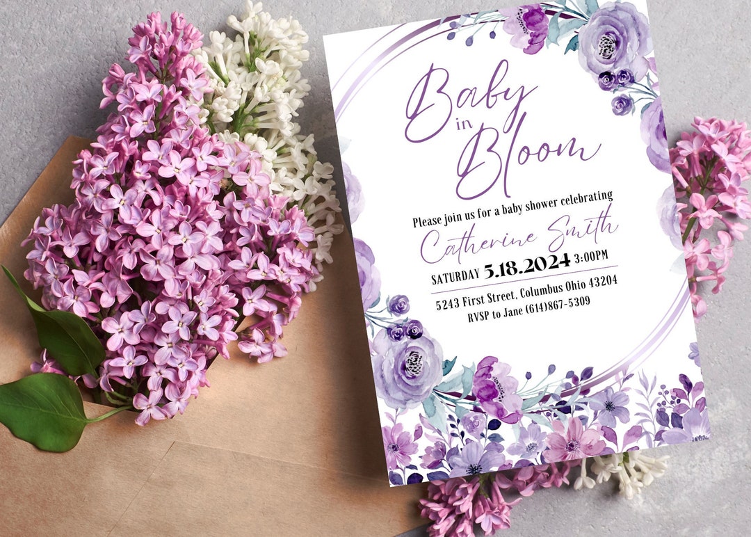Purple Wildflower Baby Shower Invitation Template Watercolor Wildflower Purple Baby Shower ...