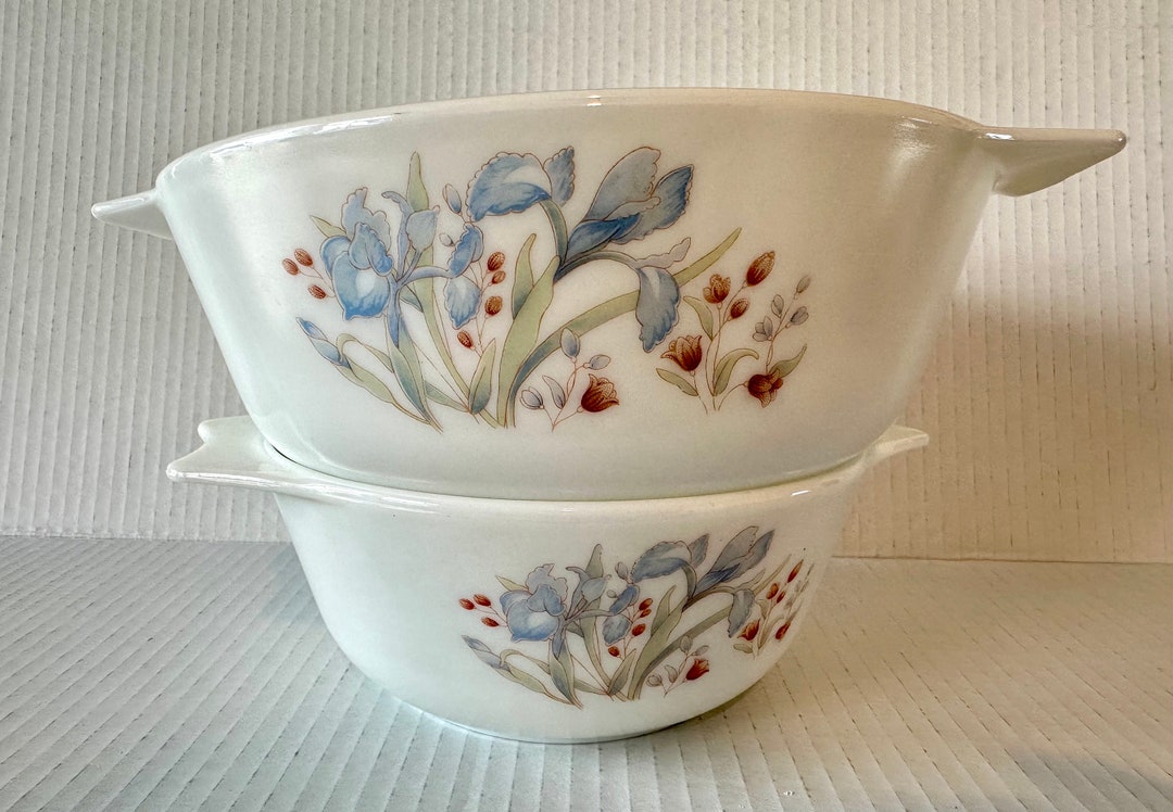 Vintage Pyrex Blue Iris Casserole Dishes - England Milk Glass - Etsy
