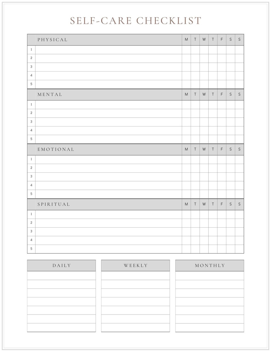 Self Care Checklist Printable | Minimal Mental Wellness Template ...