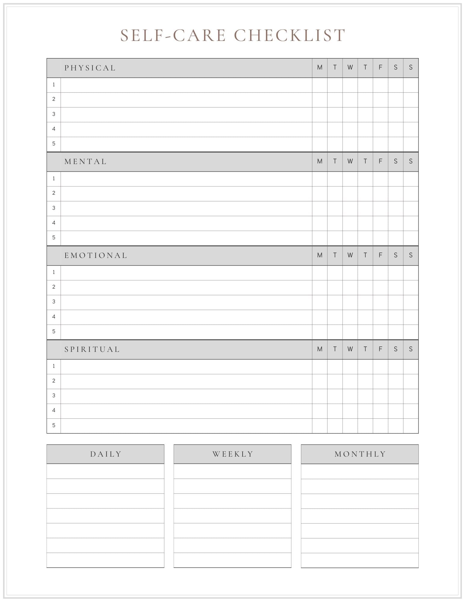 Self Care Checklist Printable | Minimal Mental Wellness Template ...