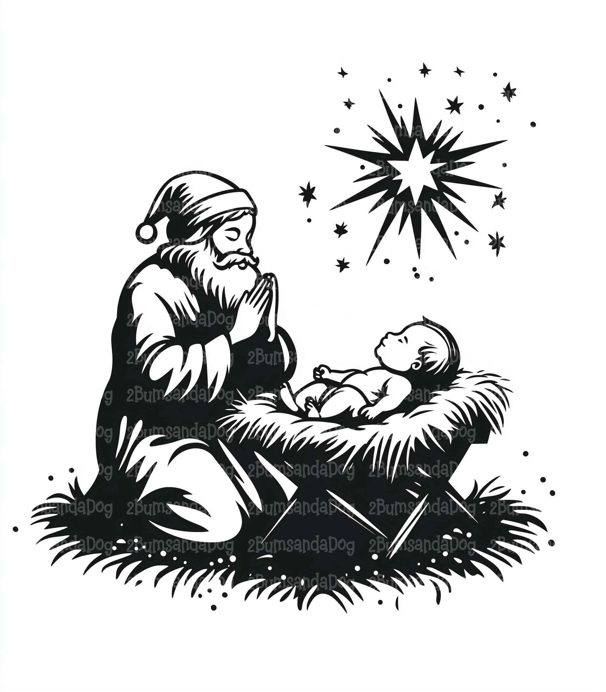 SVG Vector XCS PNG of Santa Claus Kneeling at the Manager Baby Jesus ...