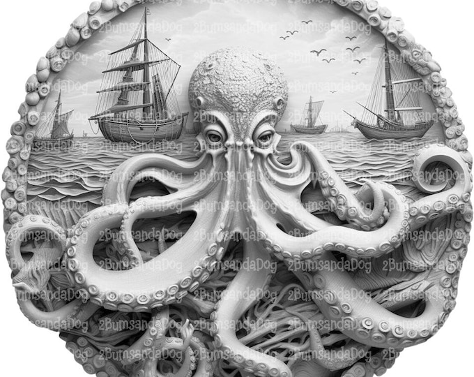 Octopus, Marine Life - Laser Burn PNG | 3D Illusion | Engrave | Laser ...