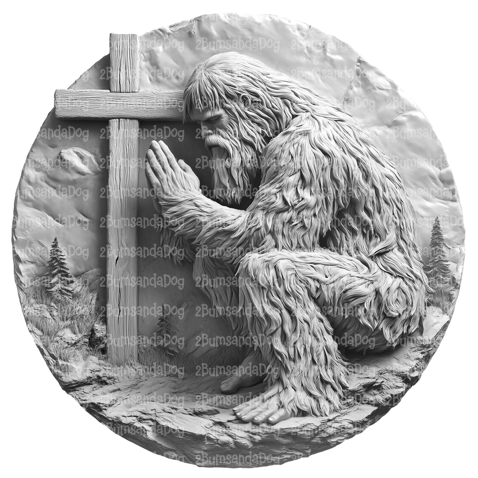 3d Illusion of Bigfoot Sasquatch Praying by a Wooden Cross for Laser ...