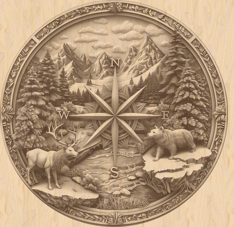 3d Illusion of a Compass Rose With a Deer and Bear for Laser Please ...