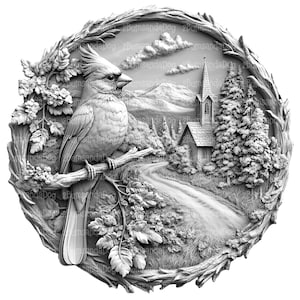 3d Illusion of a Cardinal on a Branch Overlooking a Church for Laser ...