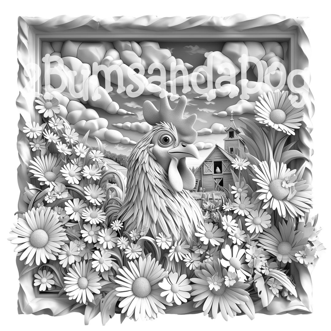 3d Illusion of a Rooster Chicken Flowers and Barn Square Shaped for ...