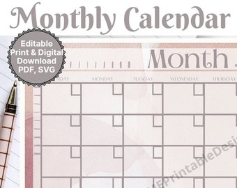 Editable Monthly Calendar Template, Printable Calendar, Digital ...