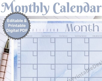 Editable Monthly Calendar Template, Printable Calendar, Digital ...