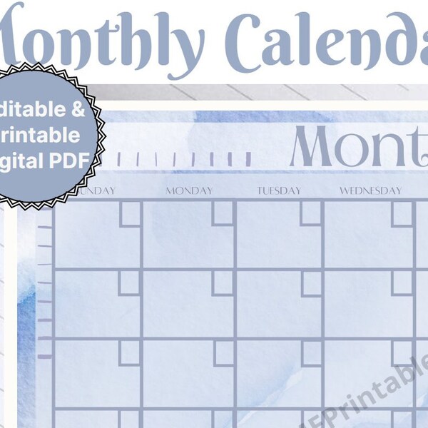 Editable Monthly Calendar Template, Printable Calendar, Digital ...