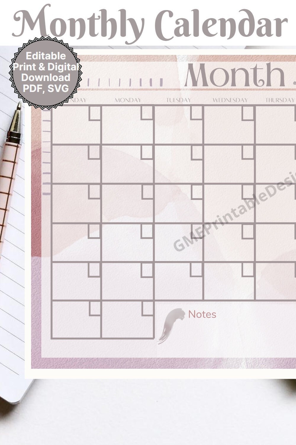 Editable Monthly Calendar Template, Printable Calendar, Digital ...