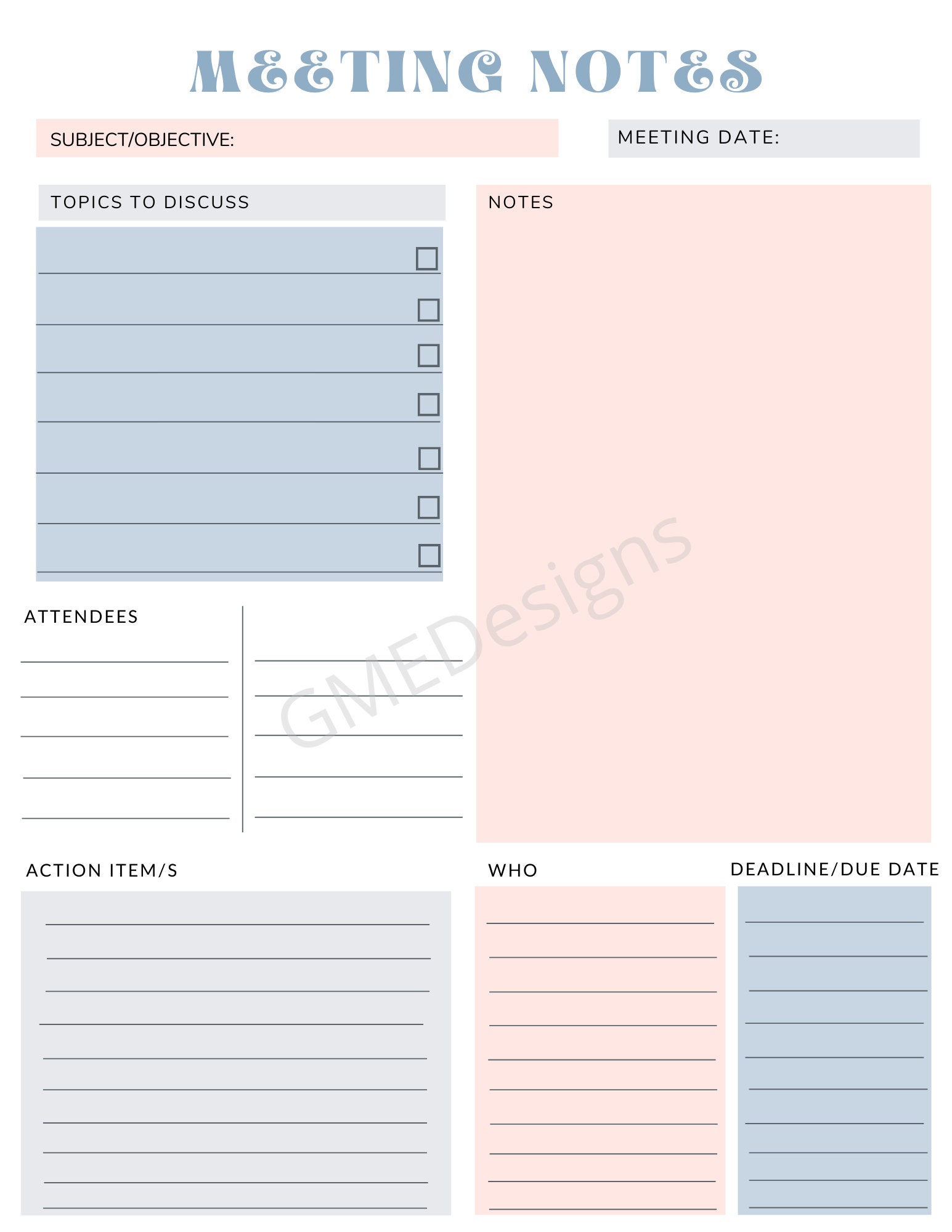 Editable Meeting Notes, Meeting Notes Printable, Digital Download ...