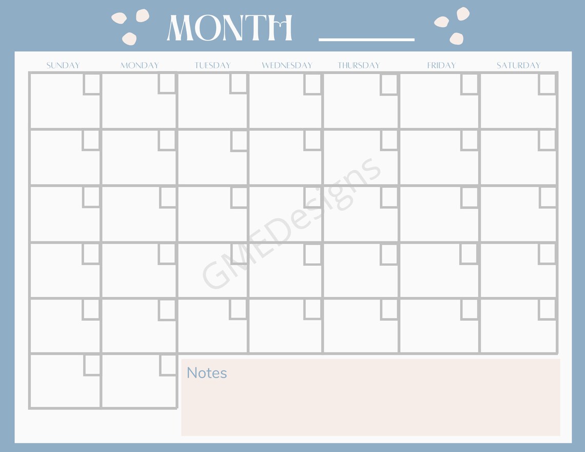 Editable Monthly Calendar Template, Printable Calendar, Digital ...
