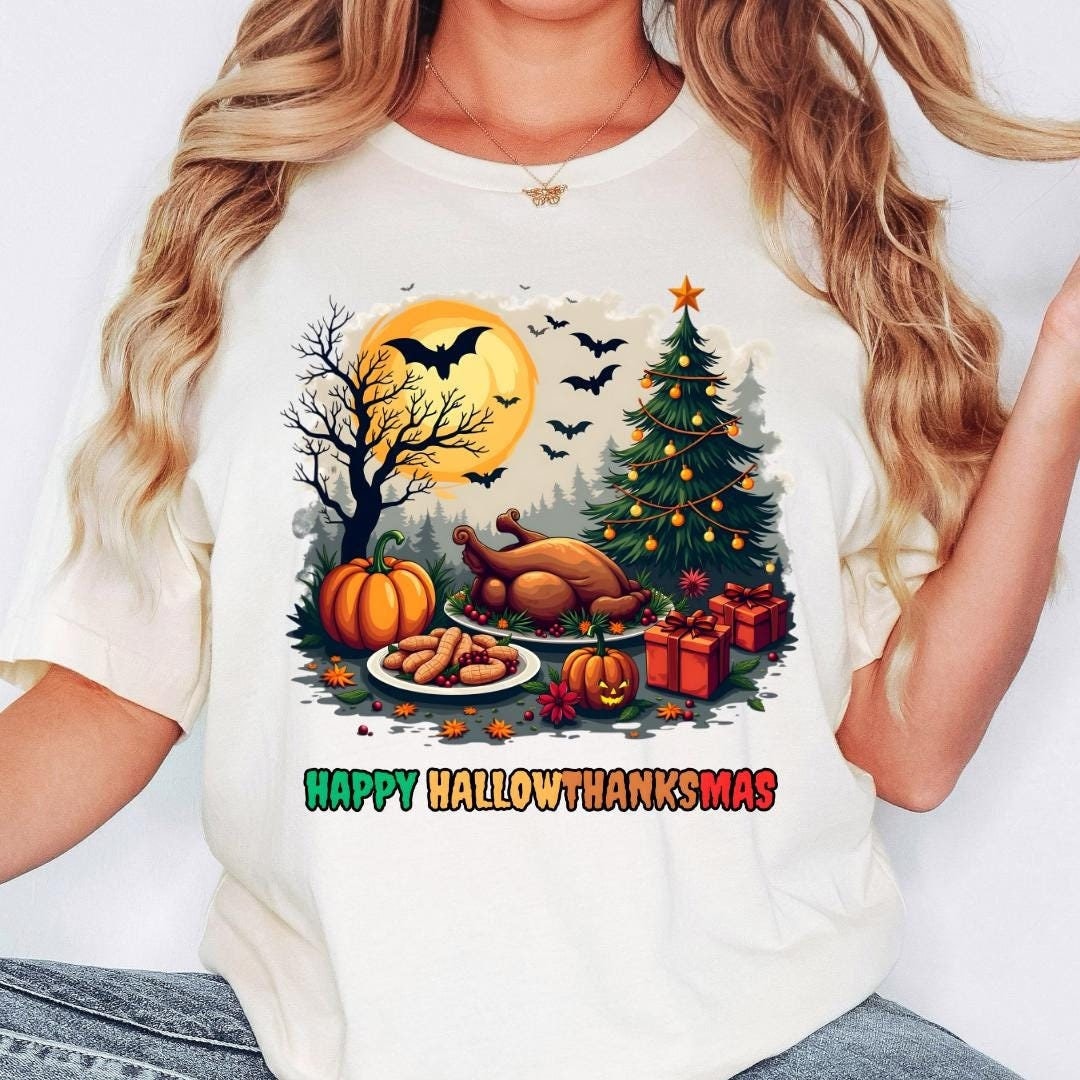 Happy Hallothanksmas Shirt, Happy Halloween Thanksgiving Christmas ...