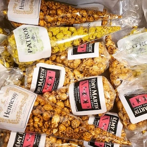 Liquor Infused Caramel Popcorn Favors, Custom Label & Ribbon - Etsy