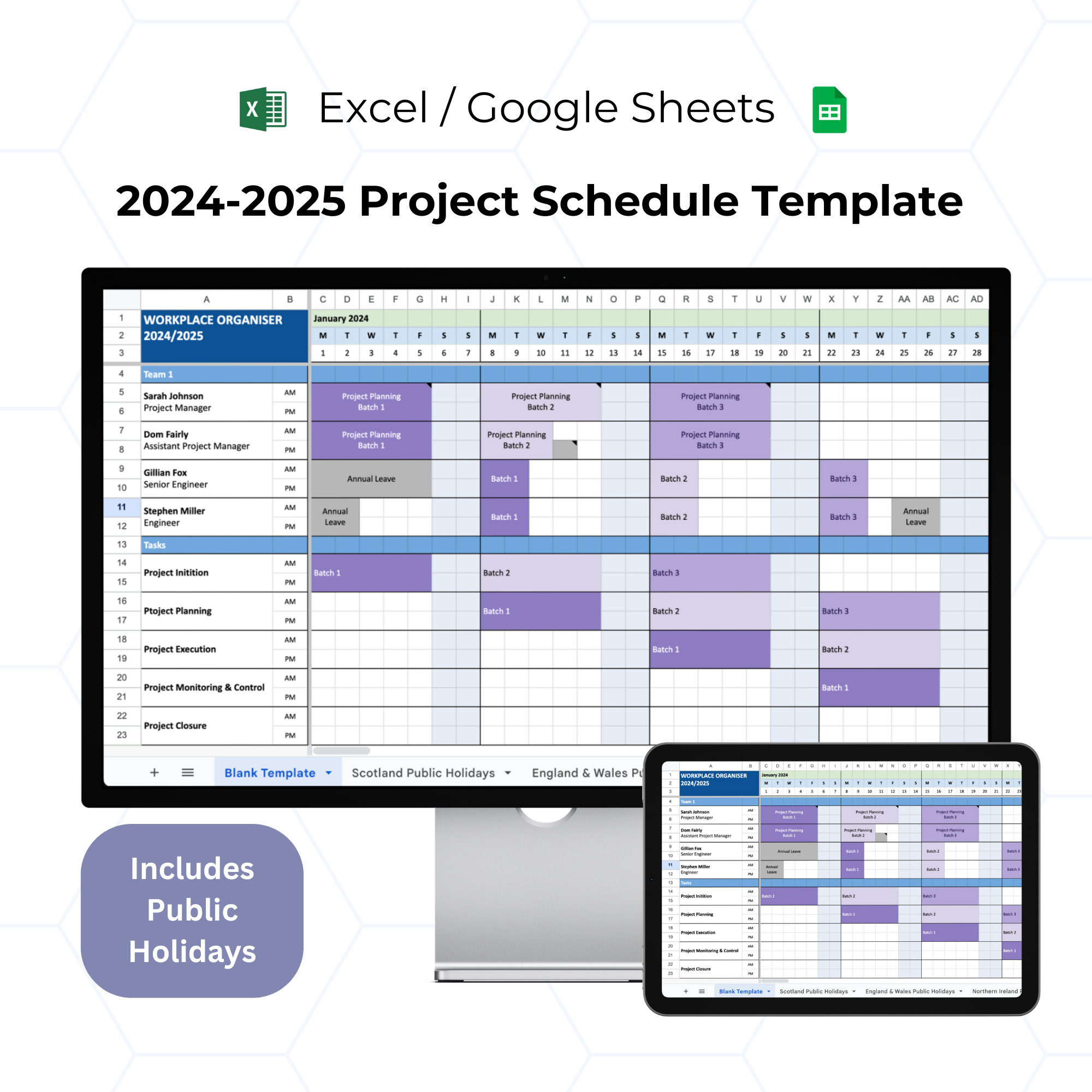 Excel Project Schedule Template 2024-2025 | UK Public Holidays ...
