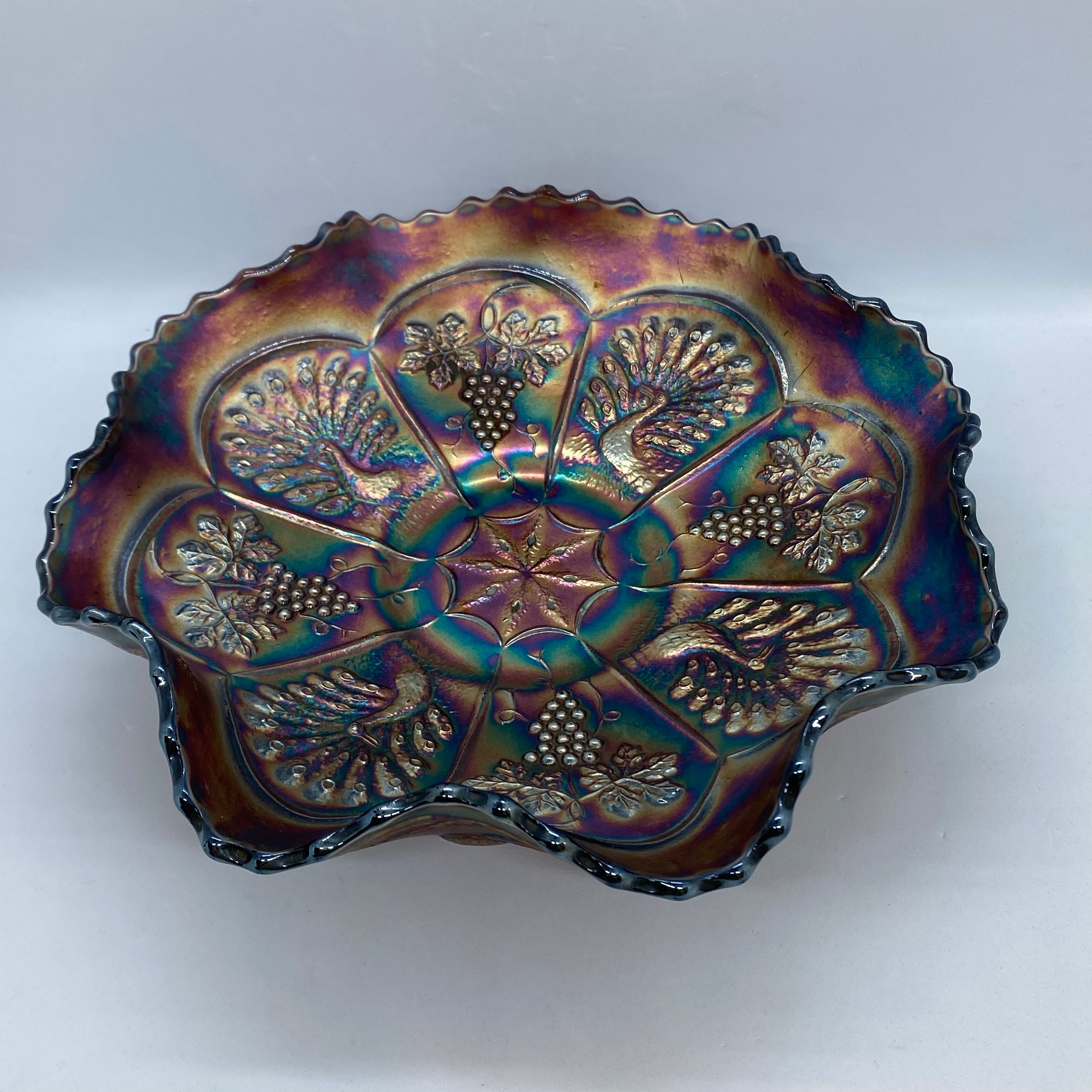 Vintage Fenton Amethyst Carnival Glass, Peacock and Grapes, Ruffled ...