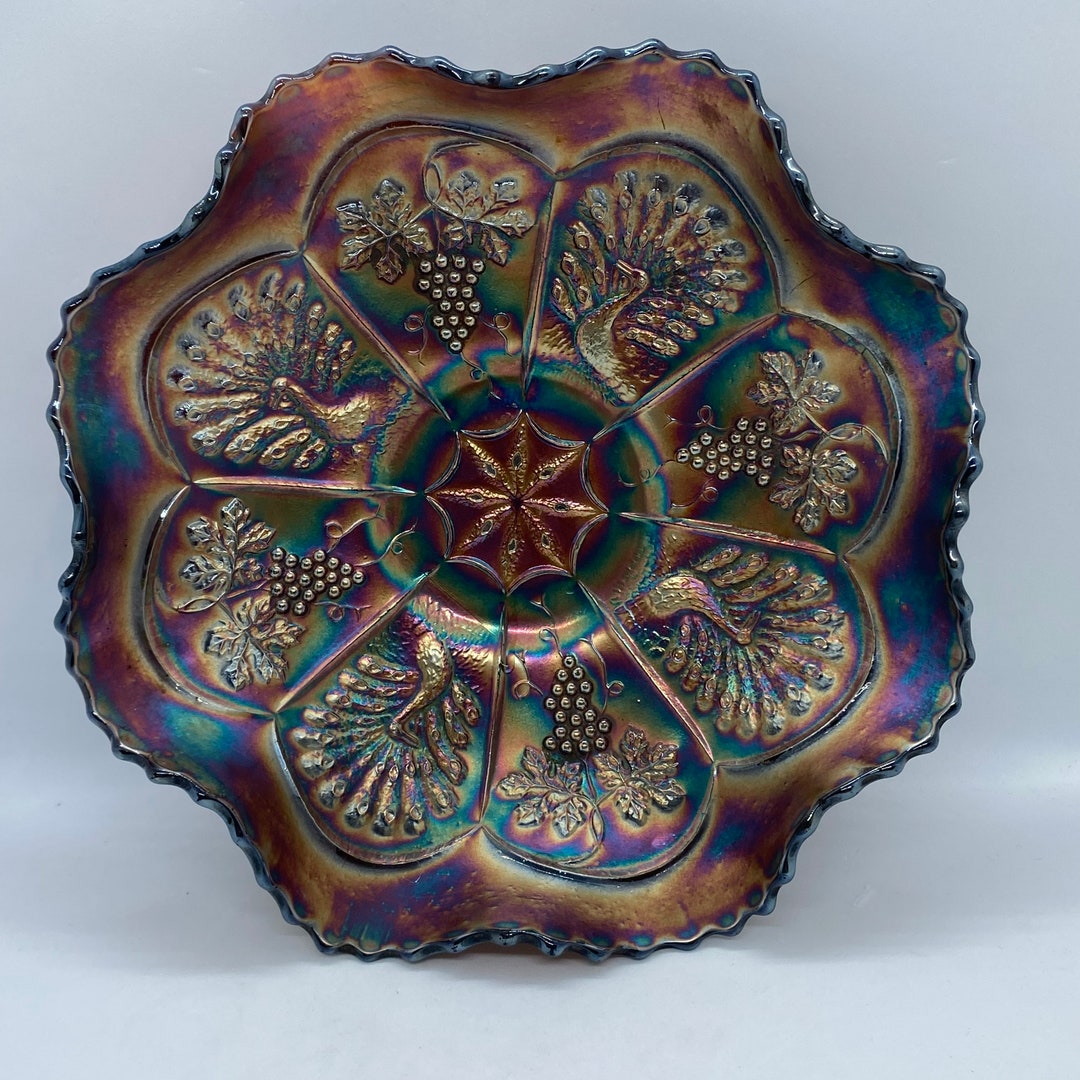 Vintage Fenton Amethyst Carnival Glass, Peacock and Grapes, Ruffled ...