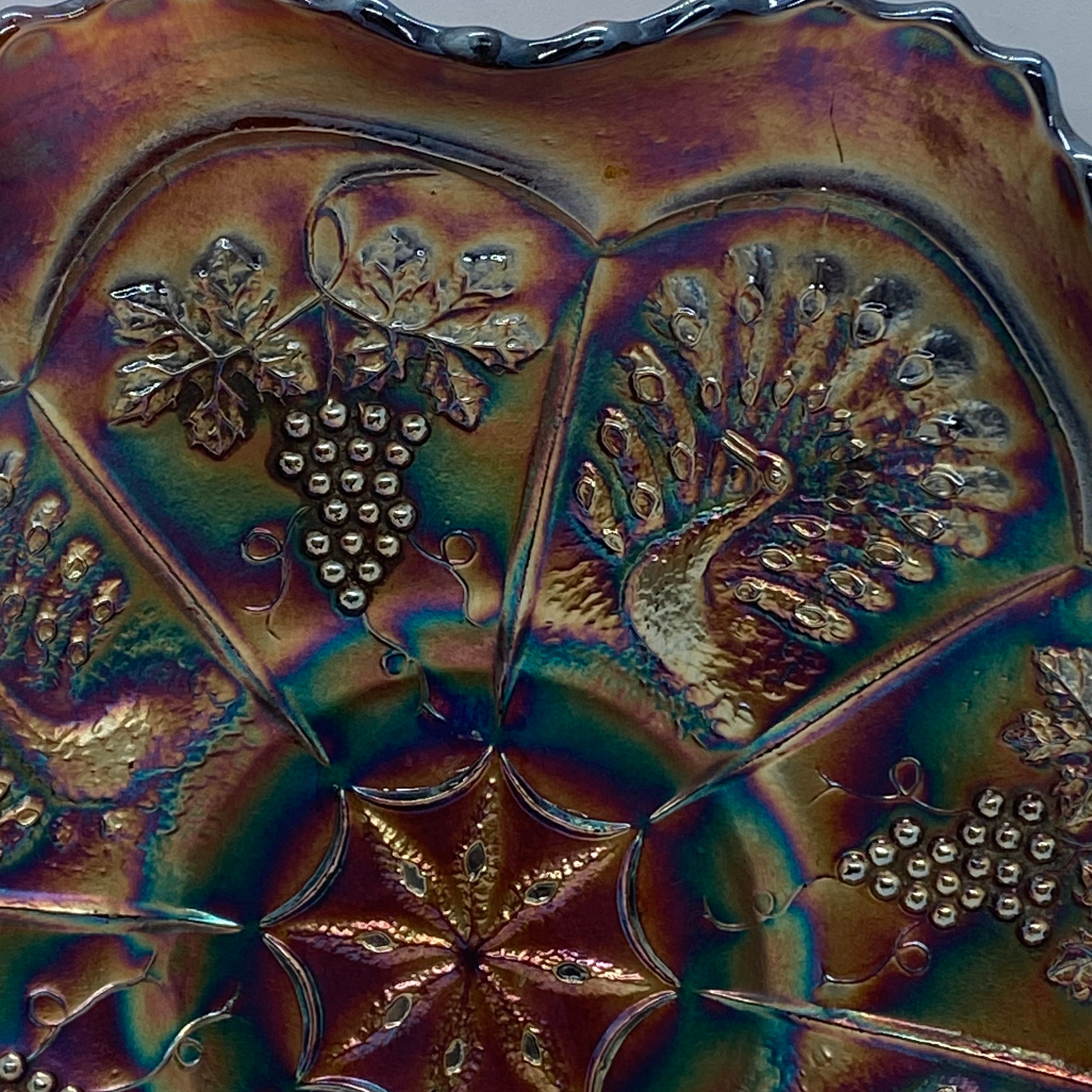 Vintage Fenton Amethyst Carnival Glass, Peacock and Grapes, Ruffled ...