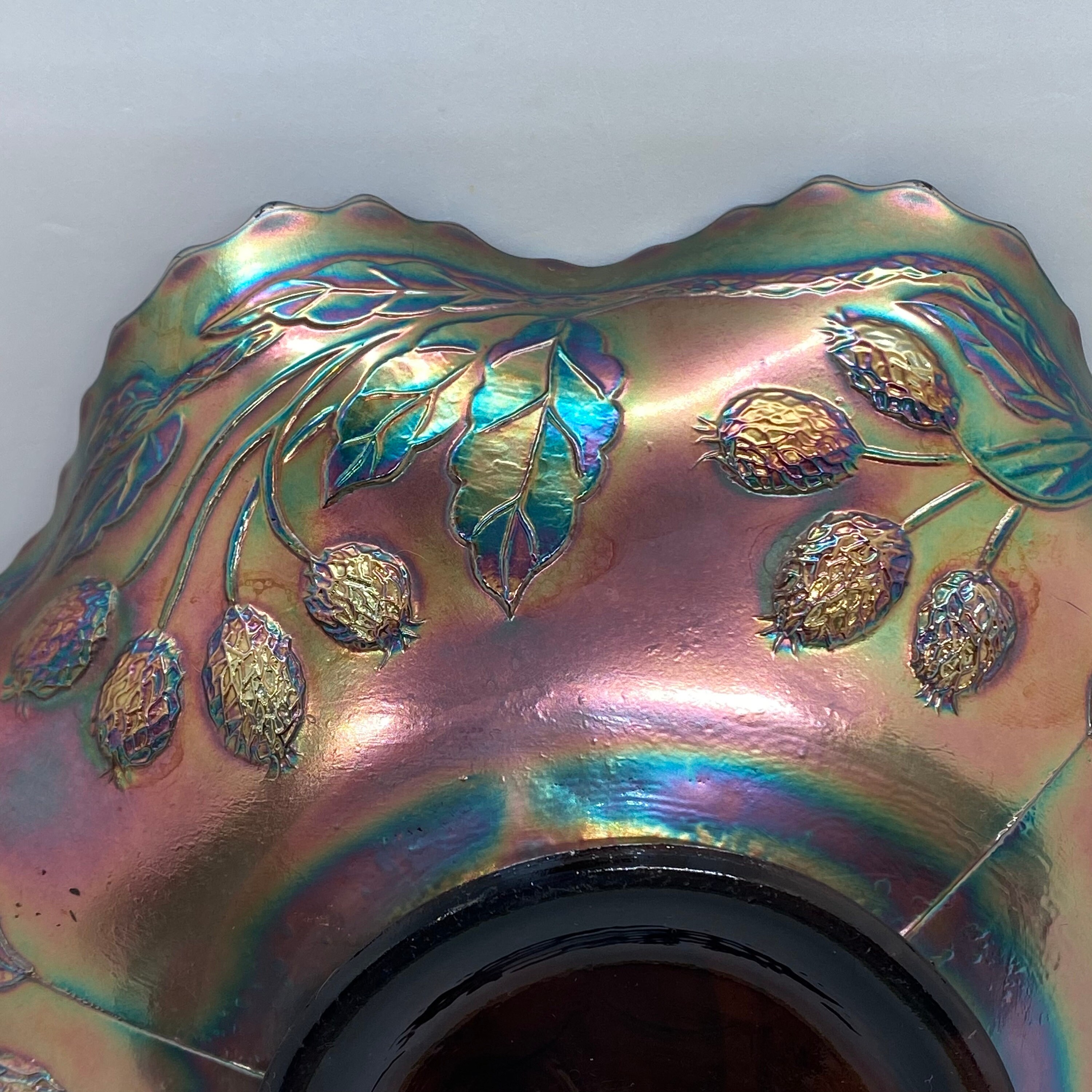 Vintage Fenton Amethyst Carnival Glass, Peacock and Grapes, Ruffled ...