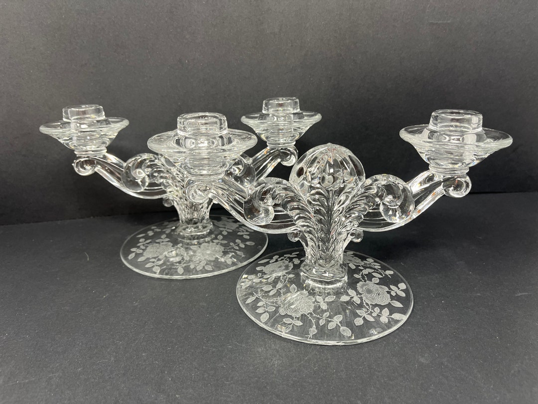 2 Fostoria Willowmere Etched Double Candlestick Holder Vintage ...