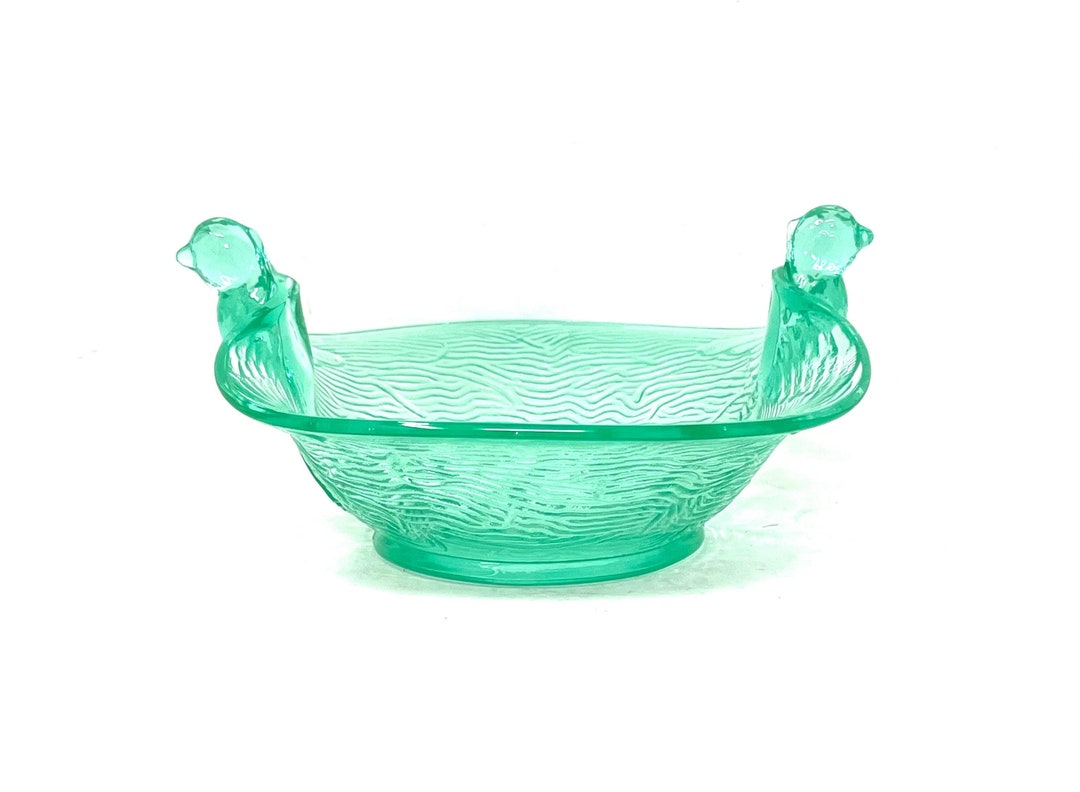 Fenton Aqua Blue Uranium Glass Dish With Double Flying Birds Handles ...