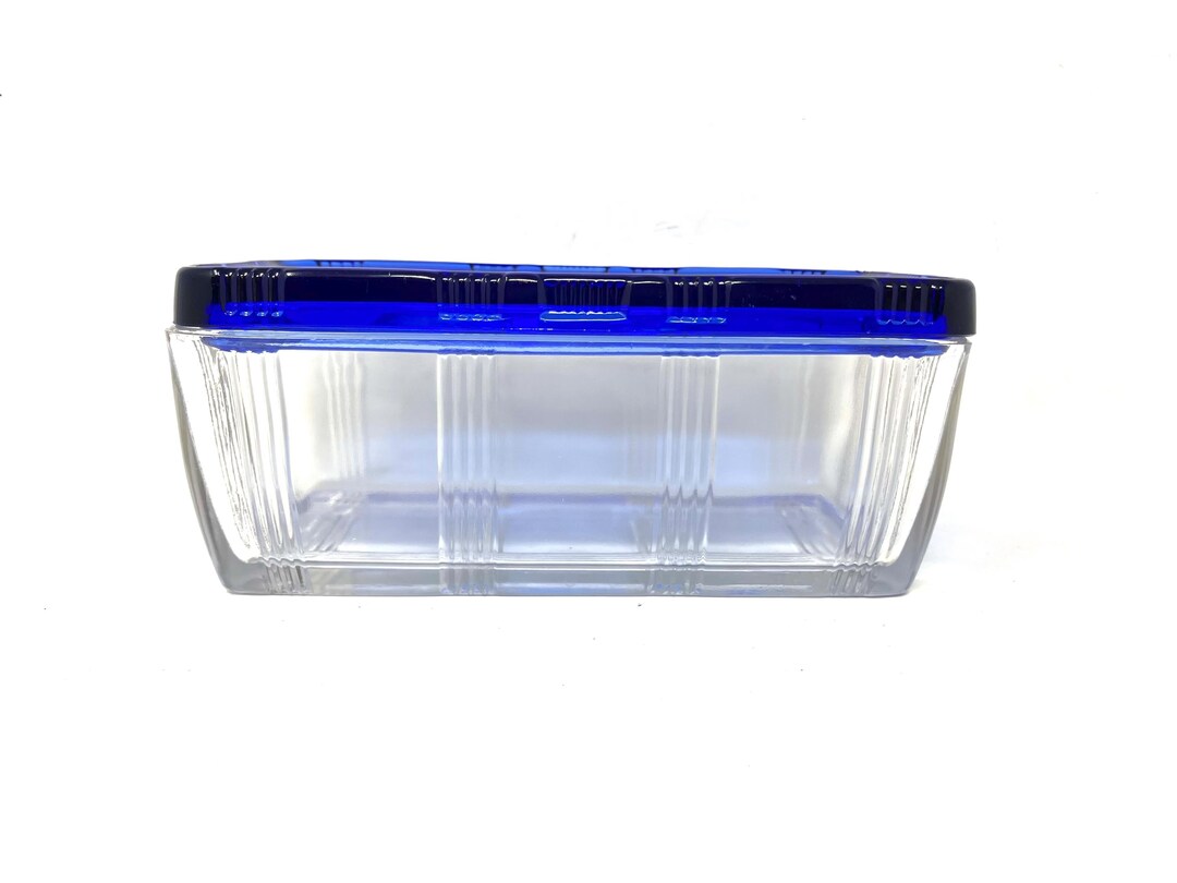 Large Hazel Atlas Cobalt Blue Lidded Criss Cross Glass Refrigerator Box ...