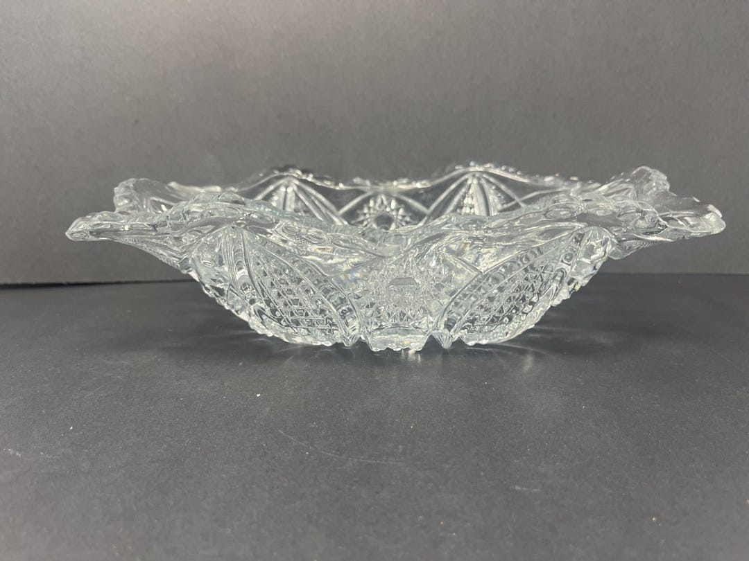 Pressed Indiana Cut Glass Crystal Bowl Sun Flowers Feather Serving Dish ...