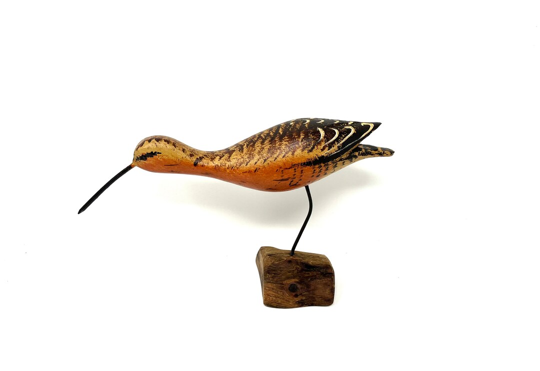 Hand Carved Long-billed Curlew Statue: Folk Art Wood Carving Signed by ...