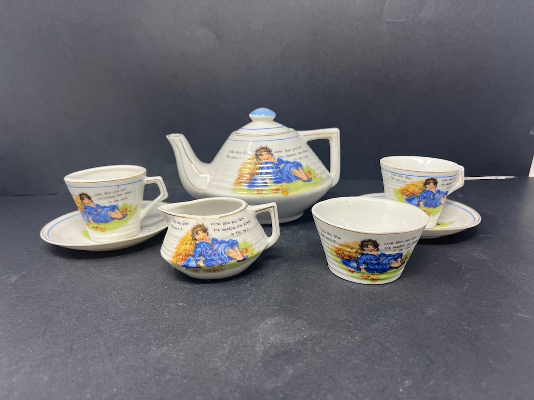 Vintage Child's Little Boy Blue Teapot Creamer Sugar and 2 Cups and ...