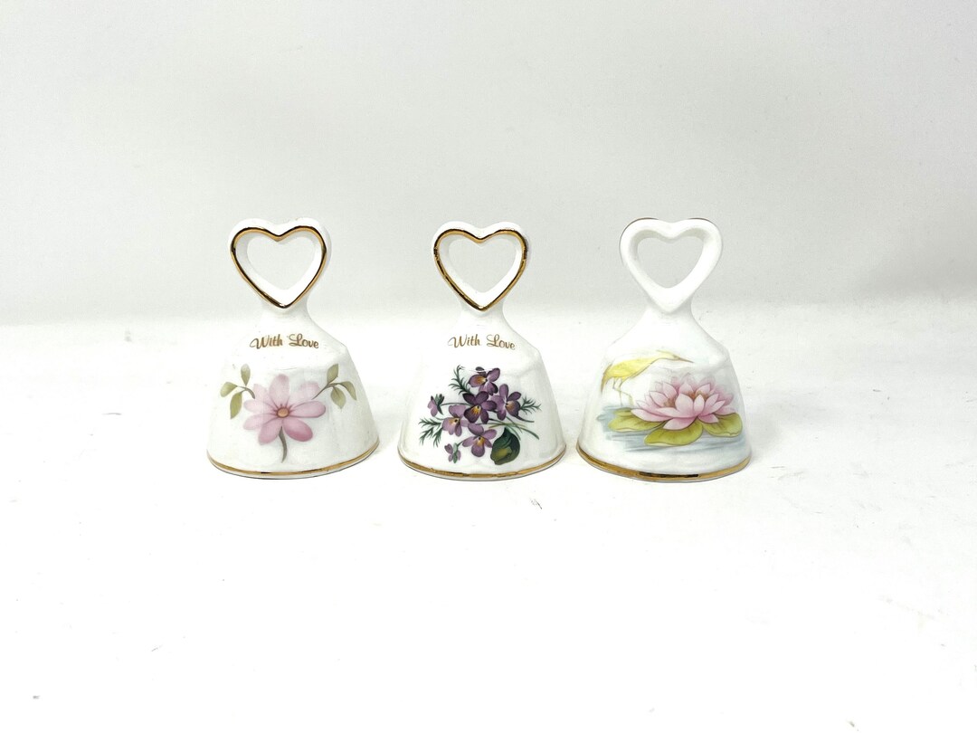 3 Mary Jane Fine Bone China England Heart Pink and Purple Flowers Bell ...